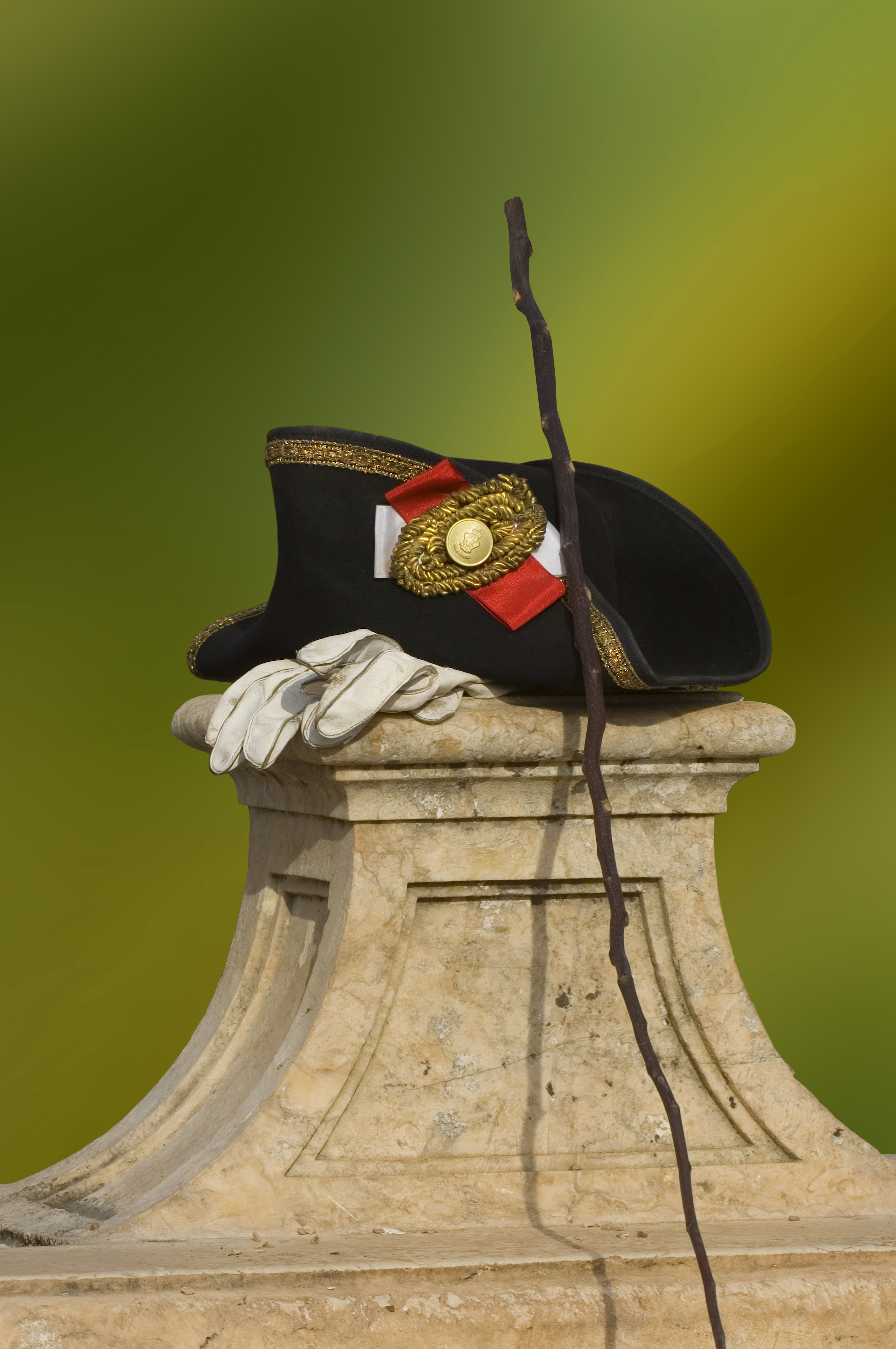 Tricórnio de feltro preto, Vara de Marmeleiro e Luvas